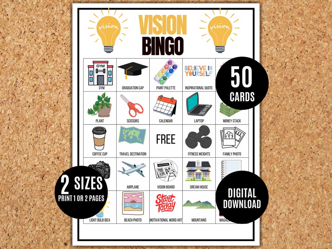 Vision Board Bingo, 50 Printable Goal Setting Bingo Cards, New Year ...