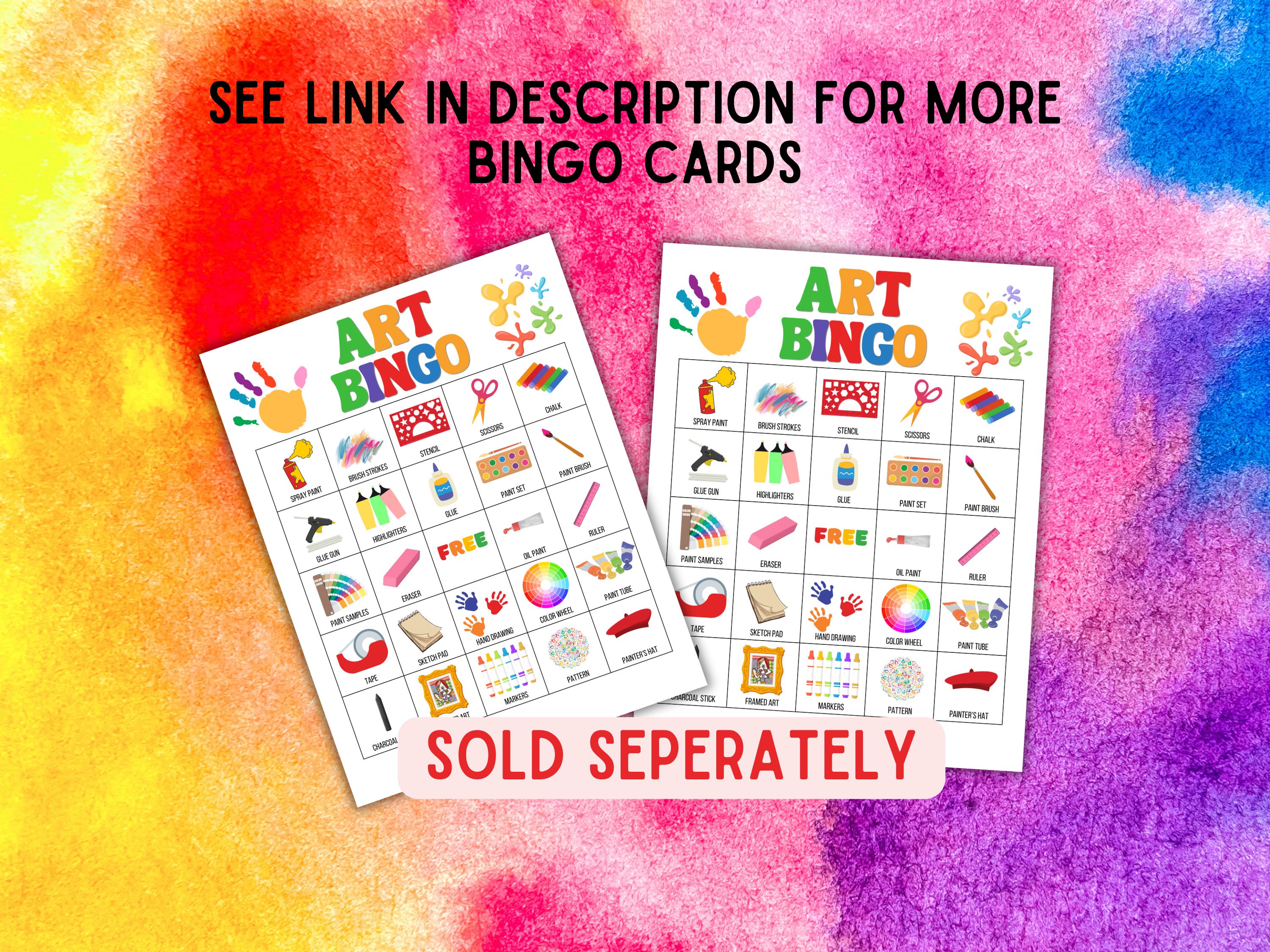 Art Bingo, 50 Printable Art Themed Bingo Cards, Kids Printable, Paint ...