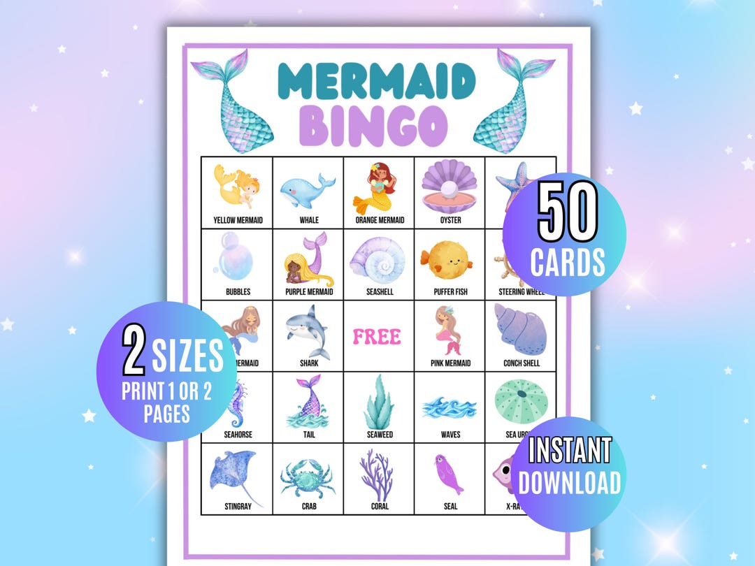 Mermaid Bingo, 50 Printable Mermaid Bingo Cards, Mermaid Activity for ...