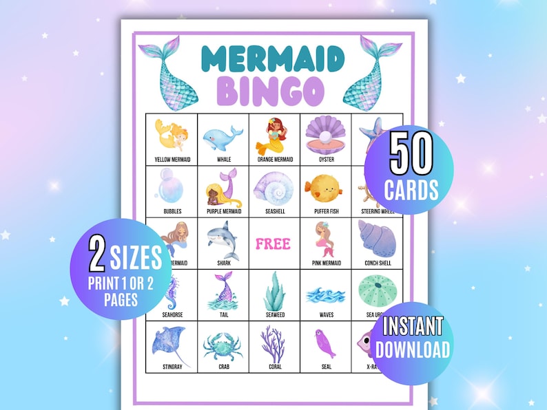 Mermaid Bingo, 50 Printable Mermaid Bingo Cards, Mermaid Activity for ...