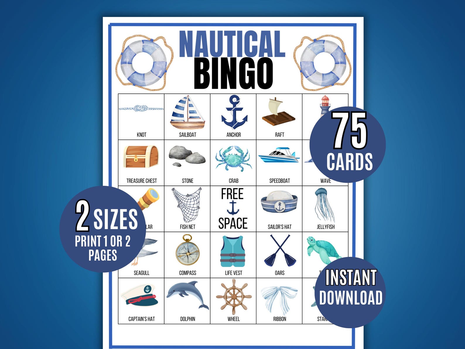 Nautical Bingo, 75 Printable Nautical Boat Bingo Cards, Kids Printable ...
