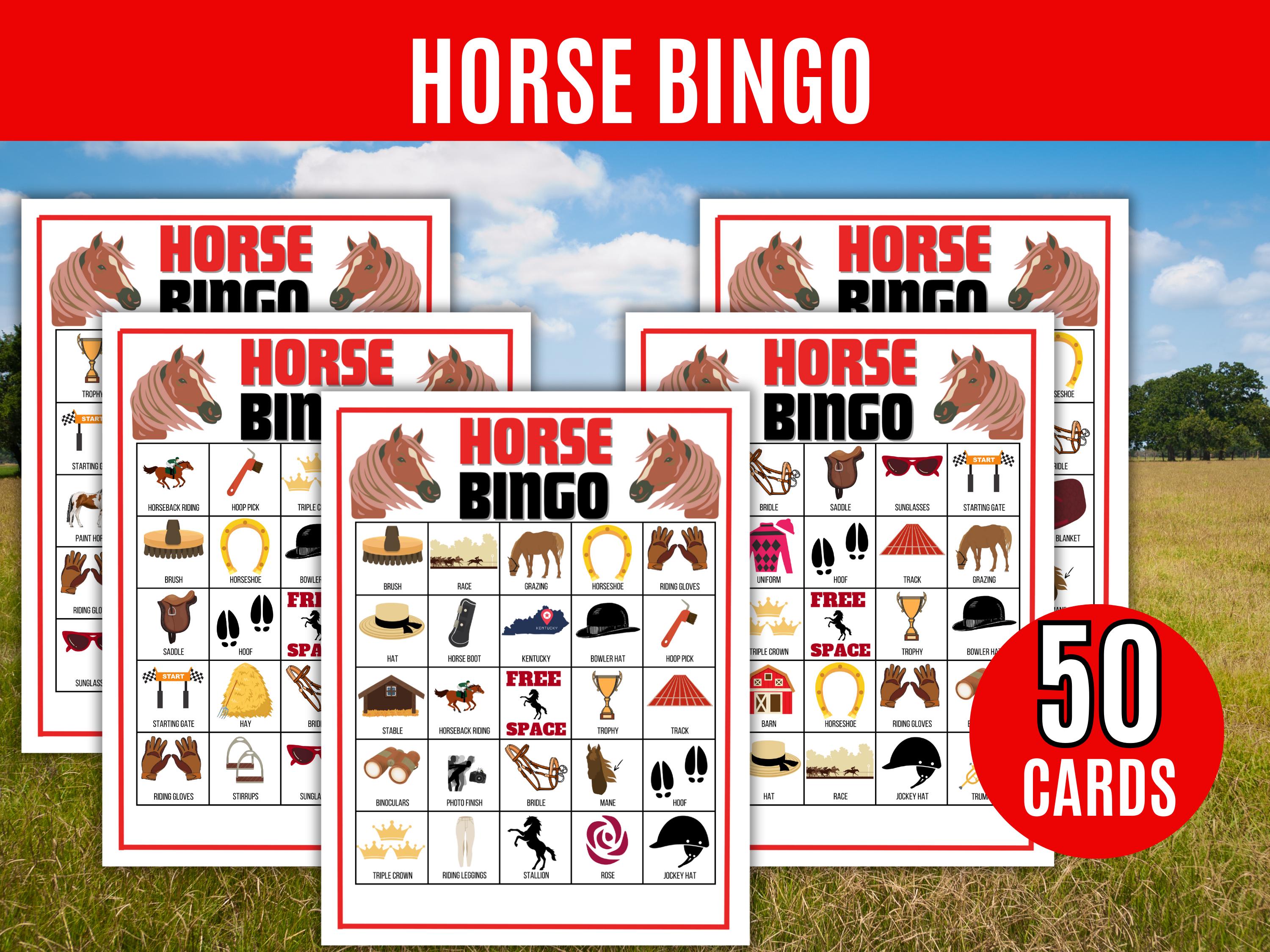 Horse Bingo, 50 Printable Horse Race Bingo Cards, Kentucky Derby Party ...