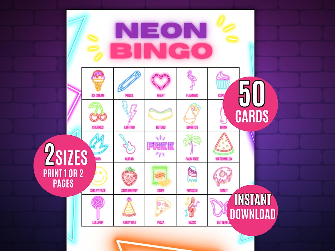Neon Bingo, 50 Printable Neon Bingo Cards, Neon Birthday, Birthday ...