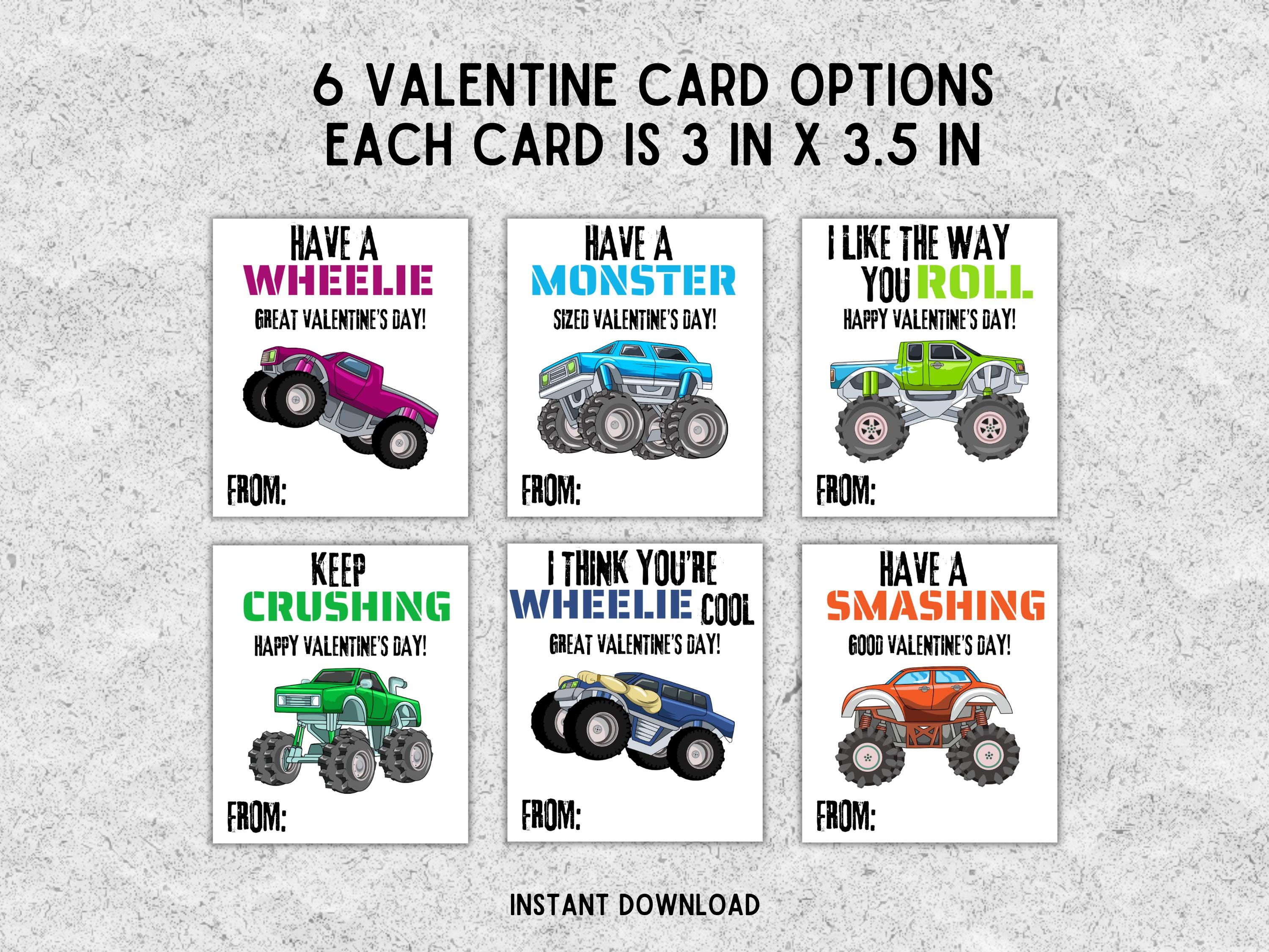 Monster Truck Kids Valentines Cards Printable, Boy Valentine Cards ...