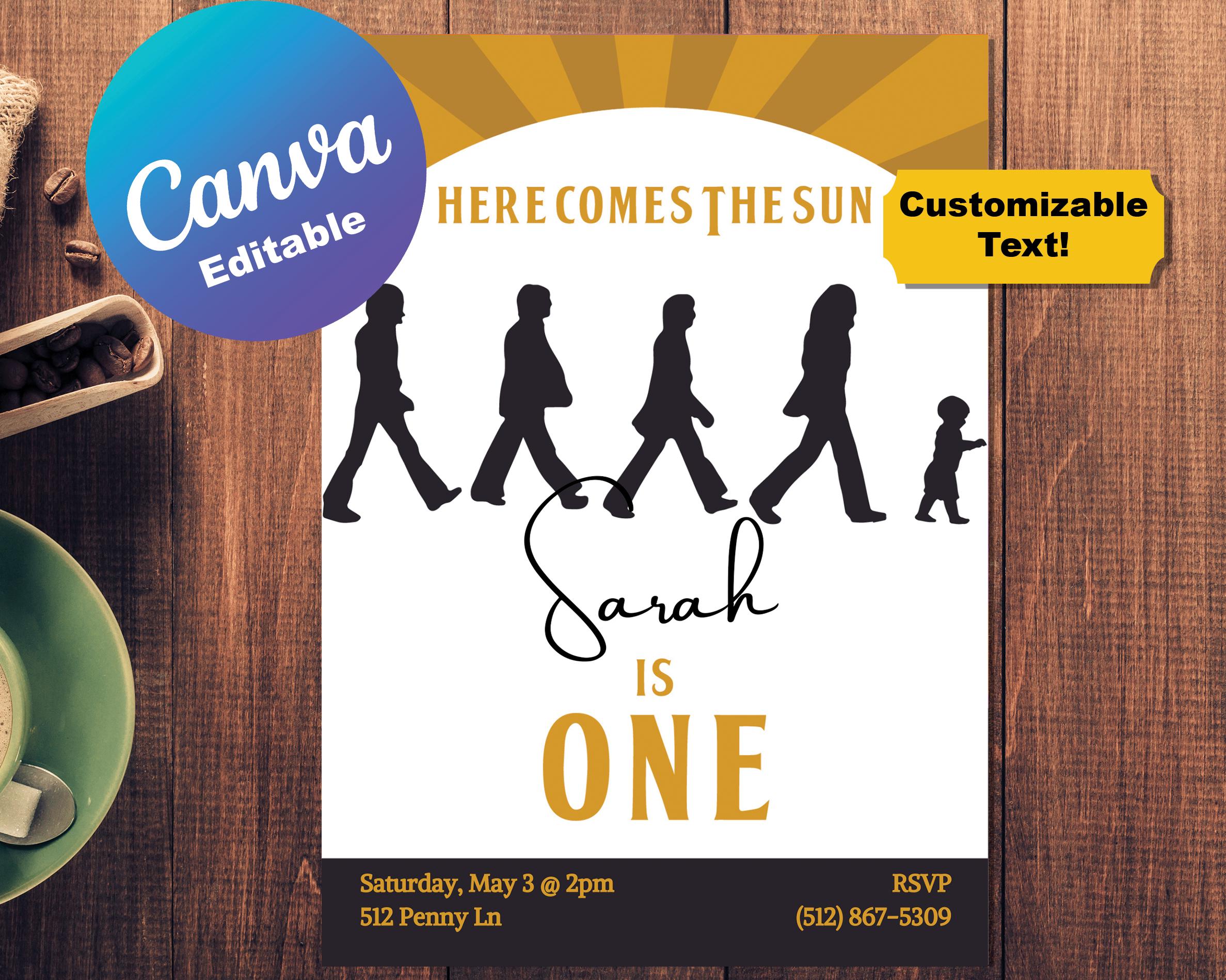 Editable Beatles Theme First Birthday Party Invite Card Invitation One ...