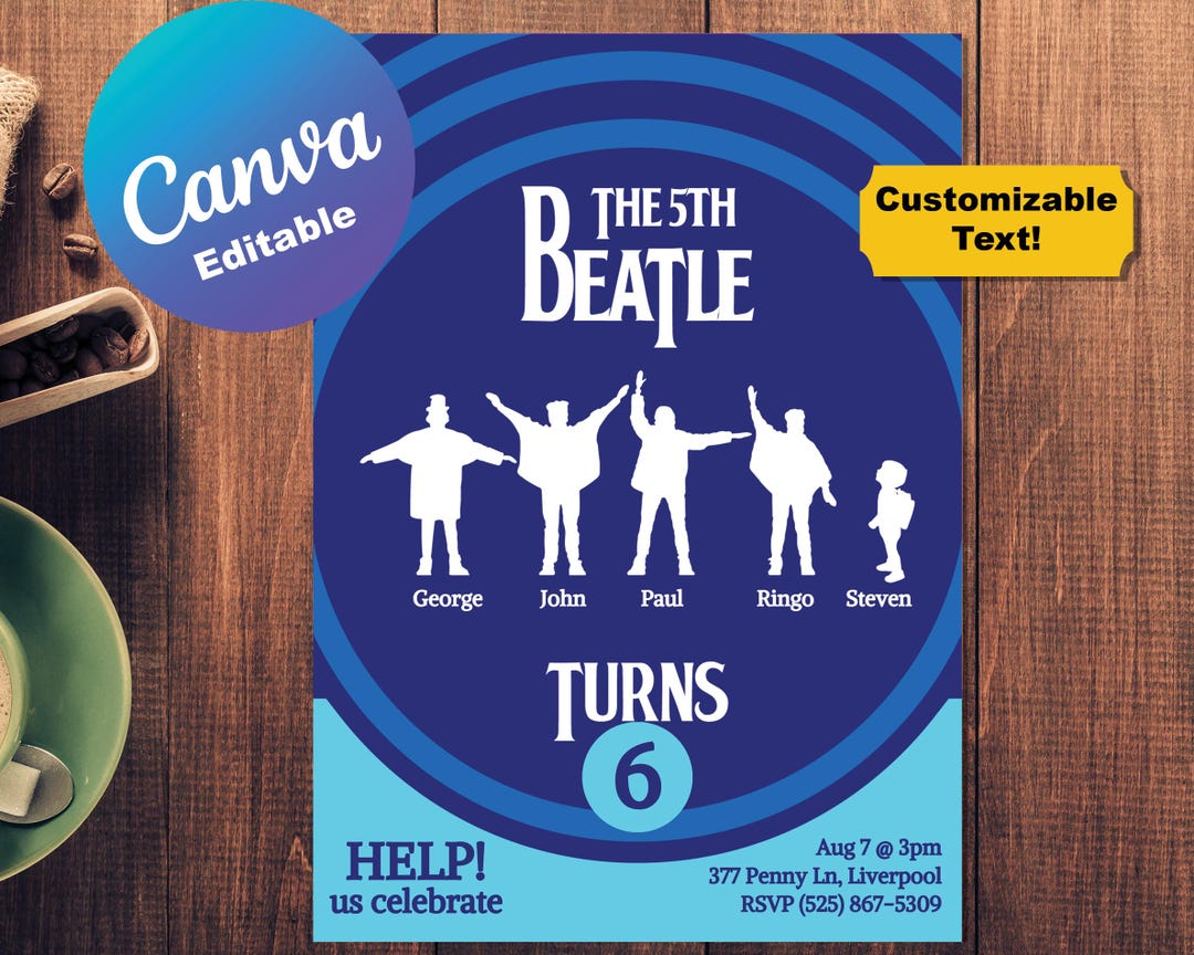 Editable Beatles Theme Children's Birthday Party Invite Card Blue ...