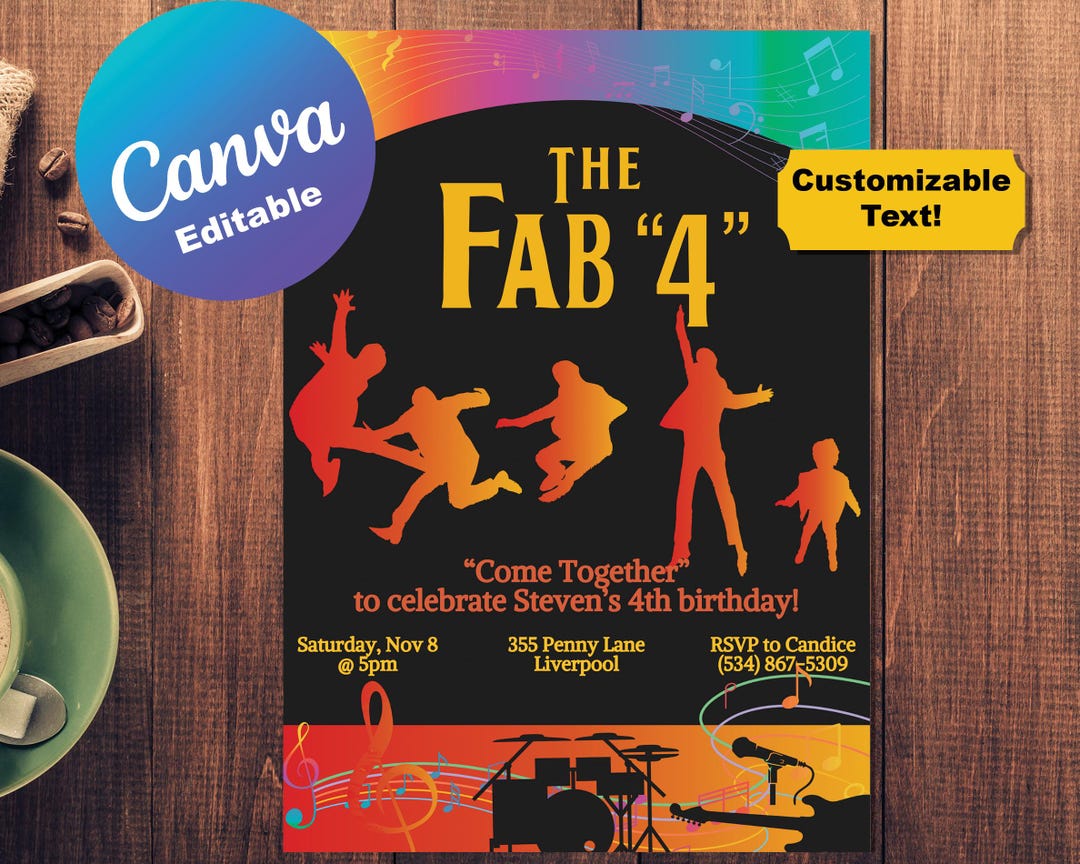Editable Beatles Theme Four Fab 4 Boy Birthday Party Invite Card Invite ...