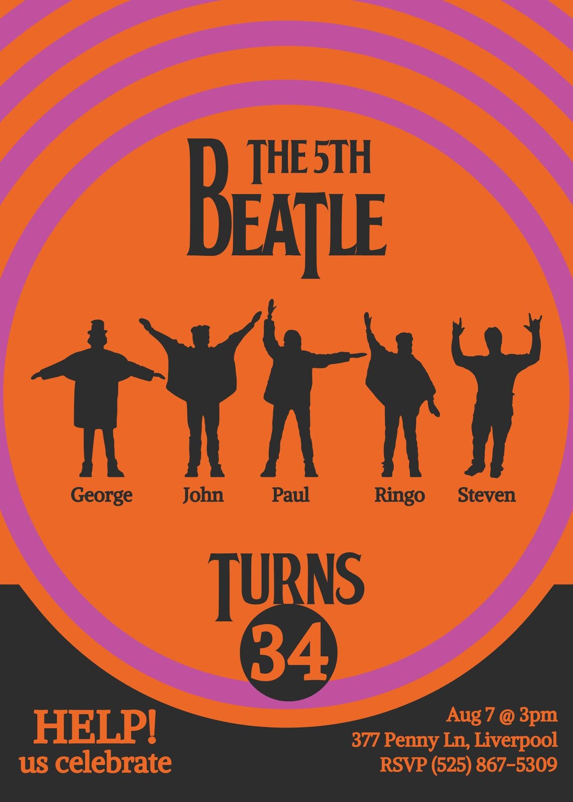 Editable Beatles Theme Birthday Party Invite Card Help Invitation ...