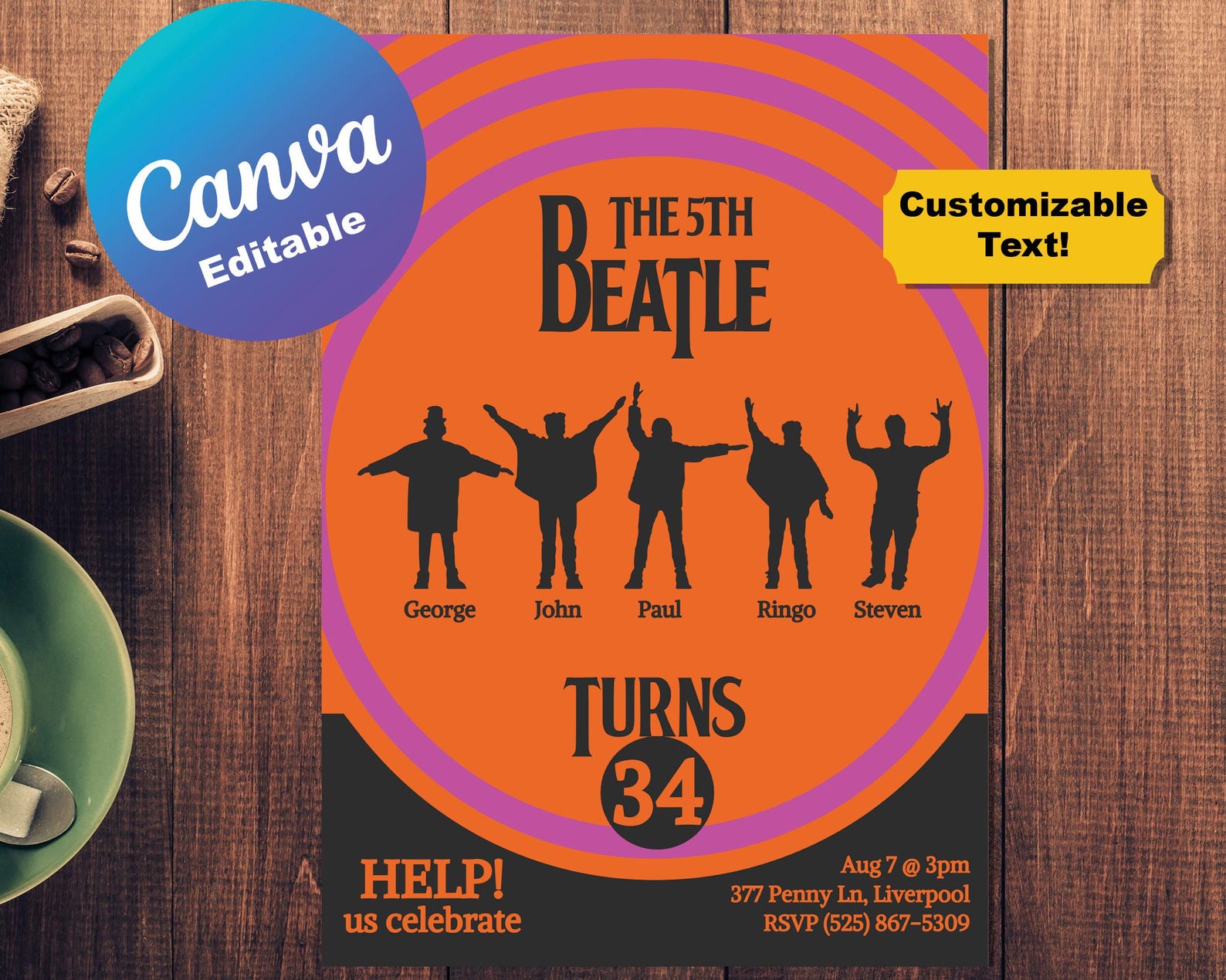 Editable Beatles Theme Birthday Party Invite Card Help Invitation ...