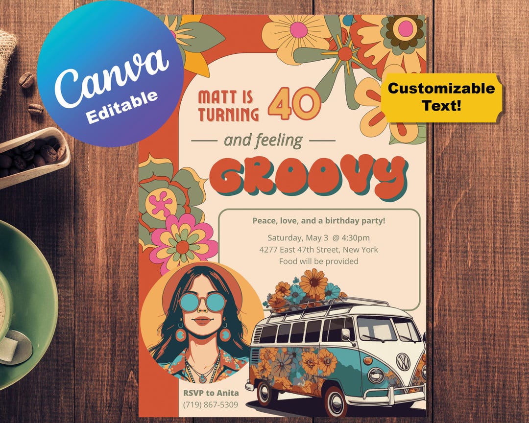 Editable Feeling Groovy Retro Hippie Theme Birthday Party Invite Card ...