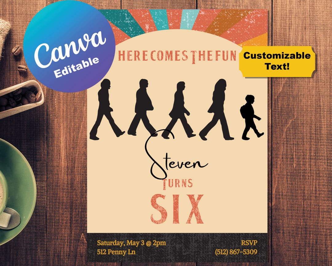 Editable Beatles Theme 6th Birthday Party Invite Card Invitation One ...