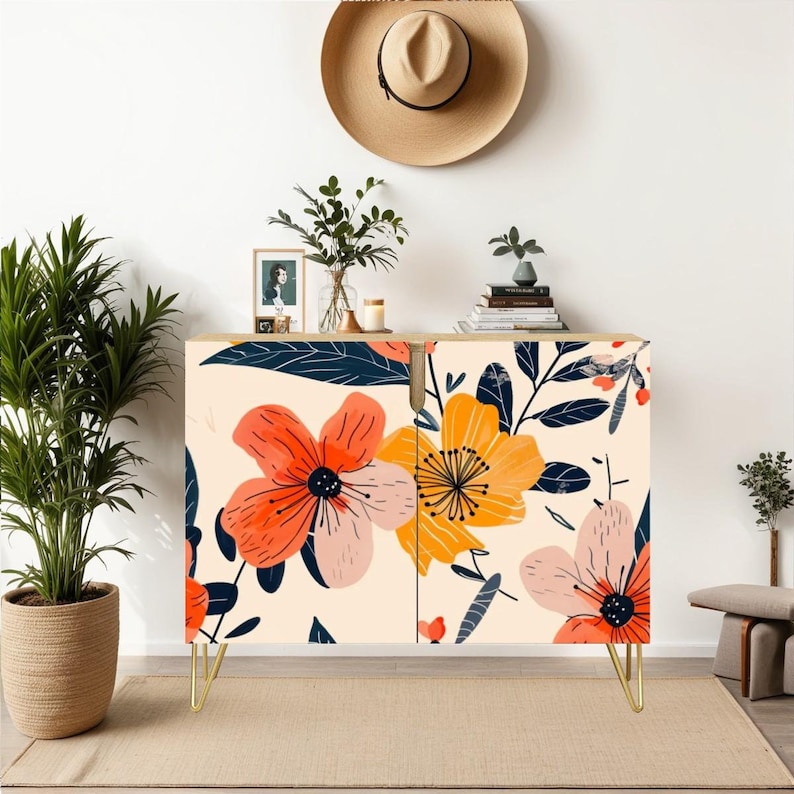 Floral Sideboard, Wood Furniture With Flowers, Accent Cabinet, Handmade ...