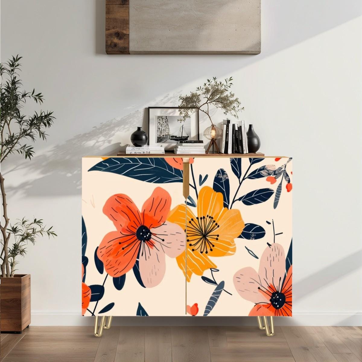 Floral Sideboard, Wood Furniture With Flowers, Accent Cabinet, Handmade ...