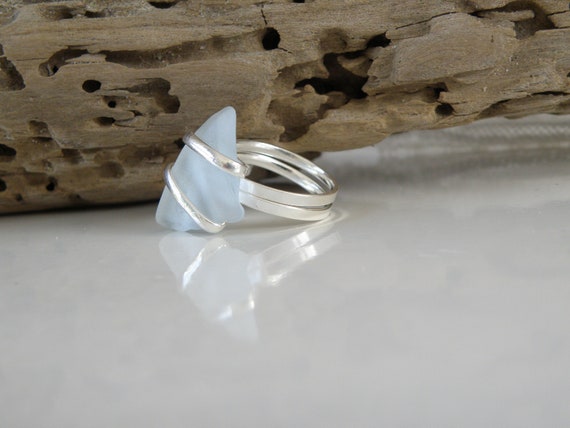 White Beach Glass Modern Silver Adjustable Ring Size 8 - Gem