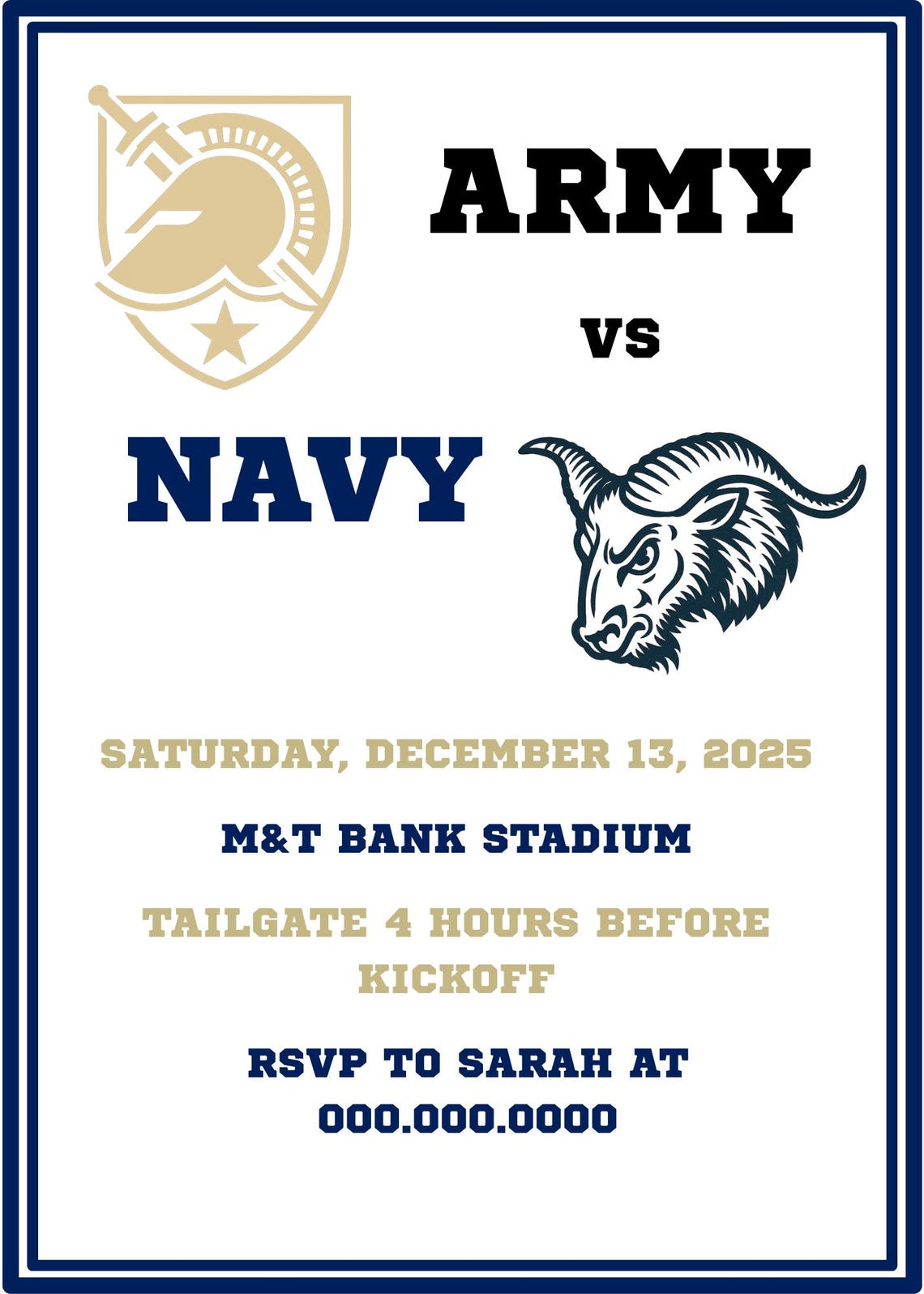 Army Vs Navy Football Invitation | Tailgate Party Invite | Vintage ...