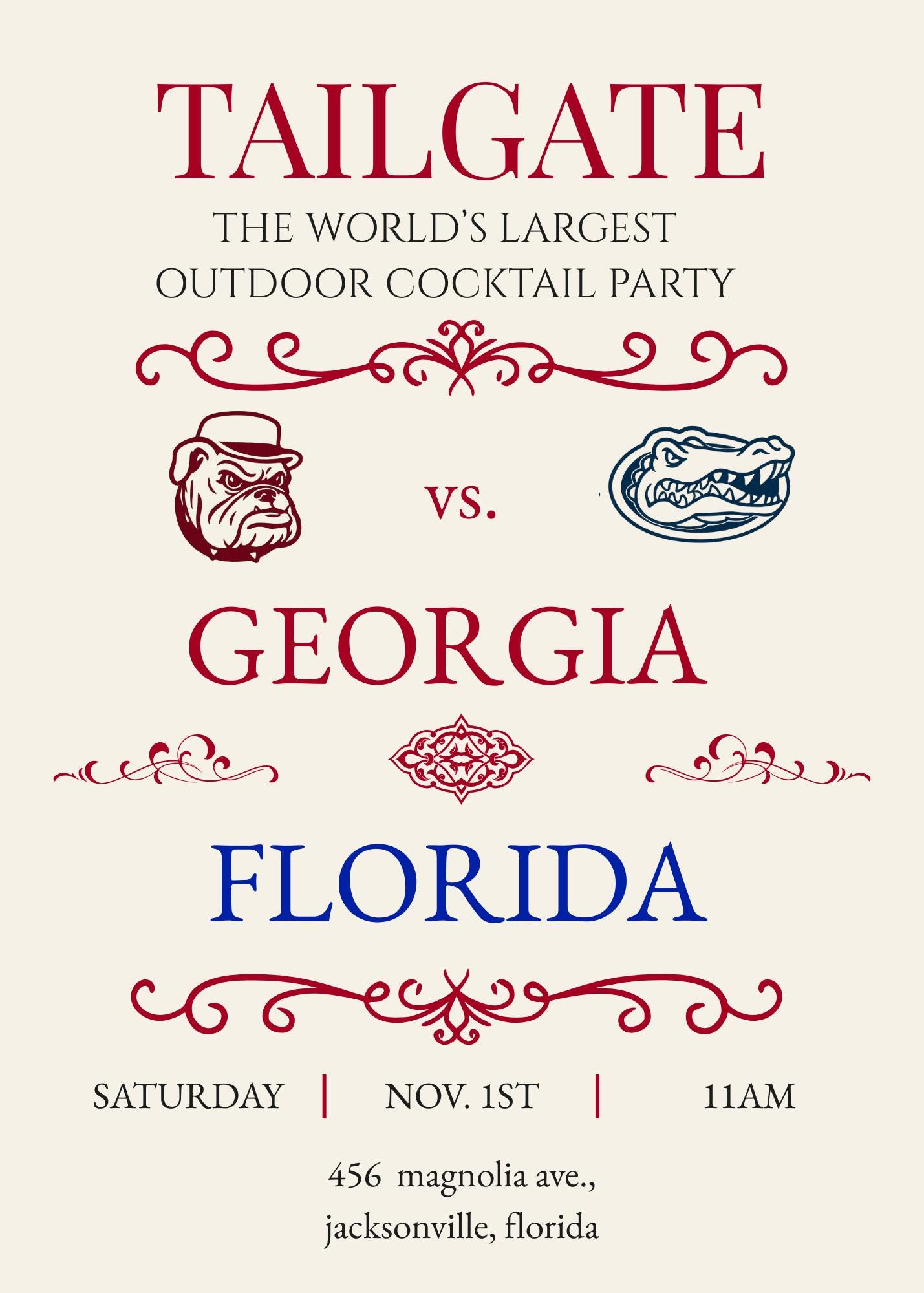 Florida Vs Georgia Tailgate Invitation | SEC Cocktail Party Rivalry ...