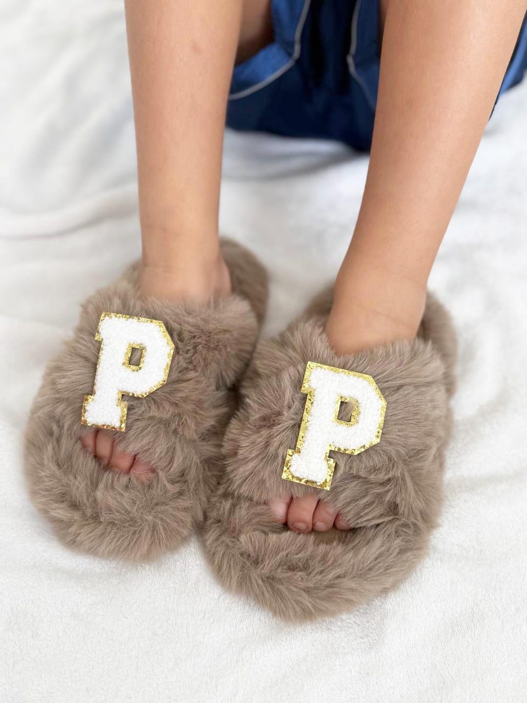 Custom Fluffy Faux Fur Slippers for Kids Personalized Initial Slippers ...