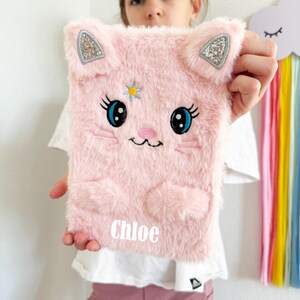 Custom Kids' Pink Fluffy Cat Notebook - Personalized Soft Cover Journal ...