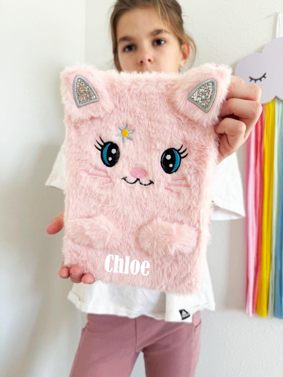 Custom Kids' Pink Fluffy Cat Notebook - Personalized Soft Cover Journal ...