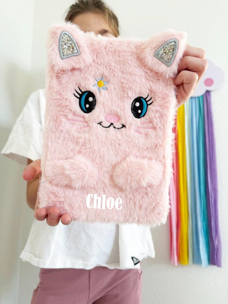 Custom Kids' Pink Fluffy Cat Notebook - Personalized Soft Cover Journal ...