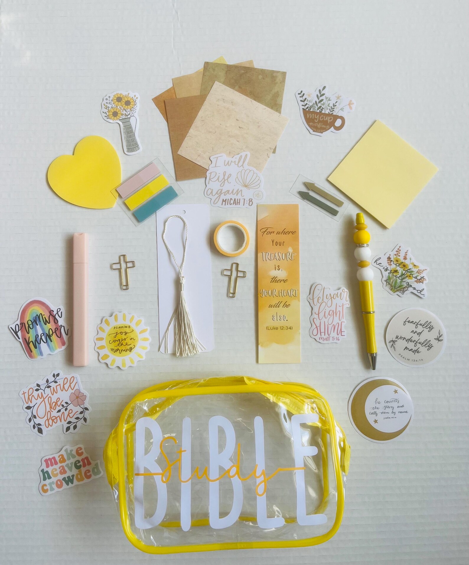 YELLOW Bible Study Kit Bible Pouch Bag Bookmark Sticker Faith Based ...