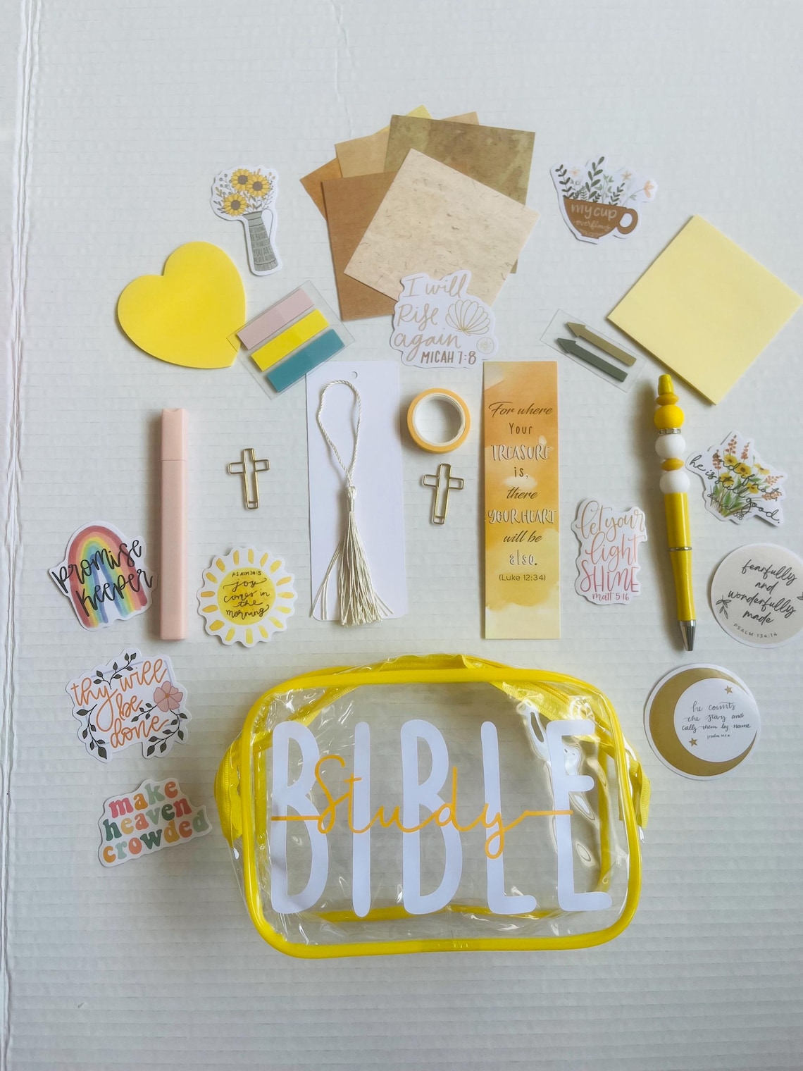 YELLOW Bible Study Kit Bible Pouch Bag Bookmark Sticker Faith Based ...