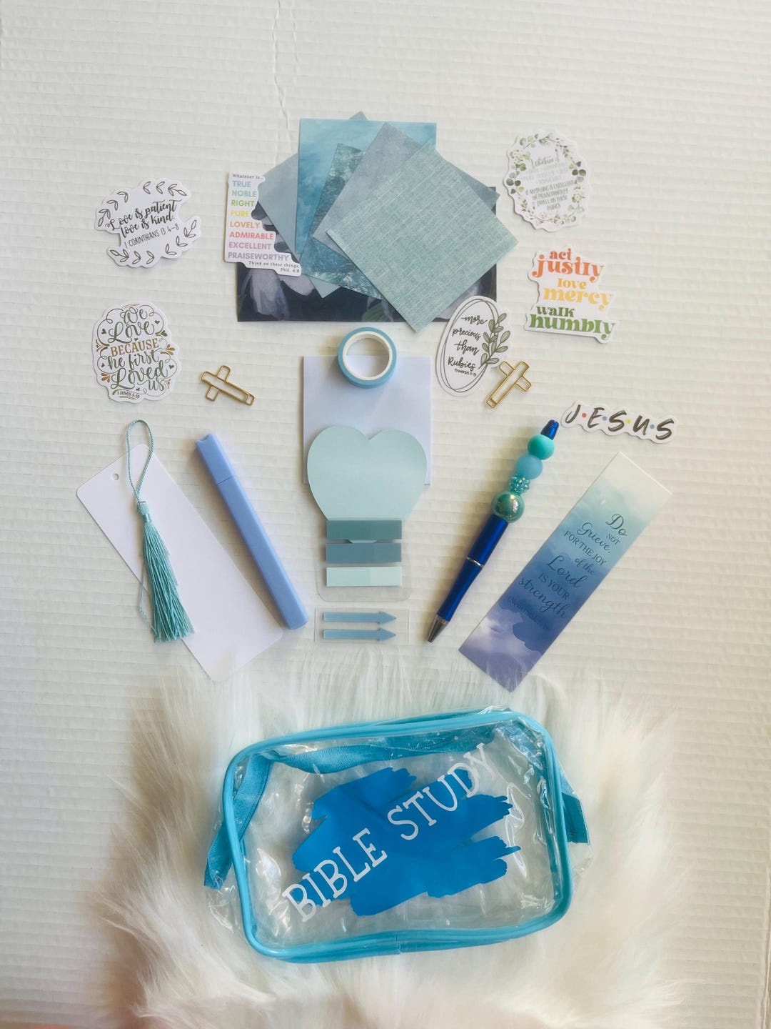 BLUE Bible Study Kit Bible Pouch Bag Bookmark Sticker Faith Based Bible ...