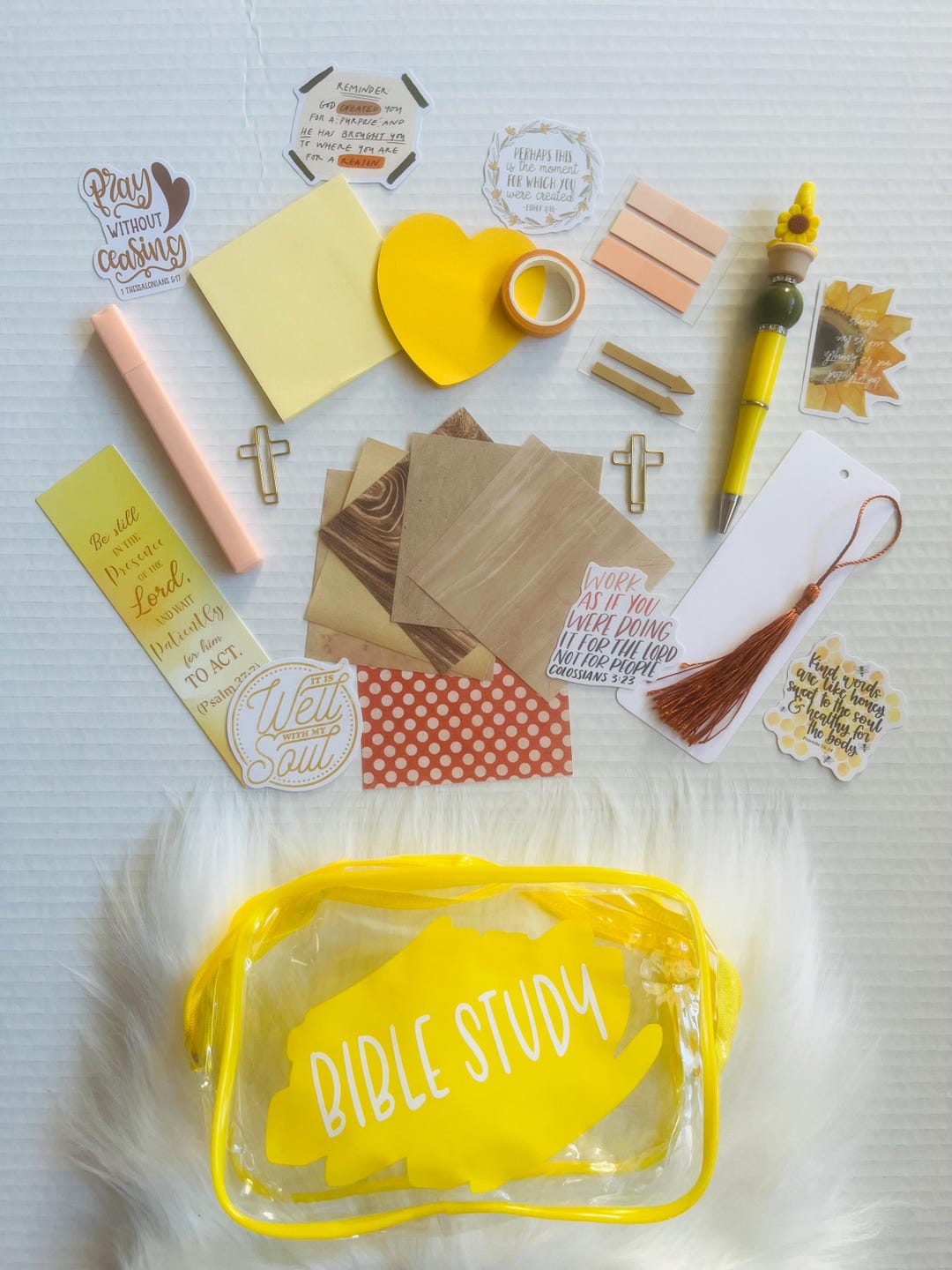 YELLOW Bible Study Kit Bible Pouch Bag Bookmark Sticker Faith Based ...