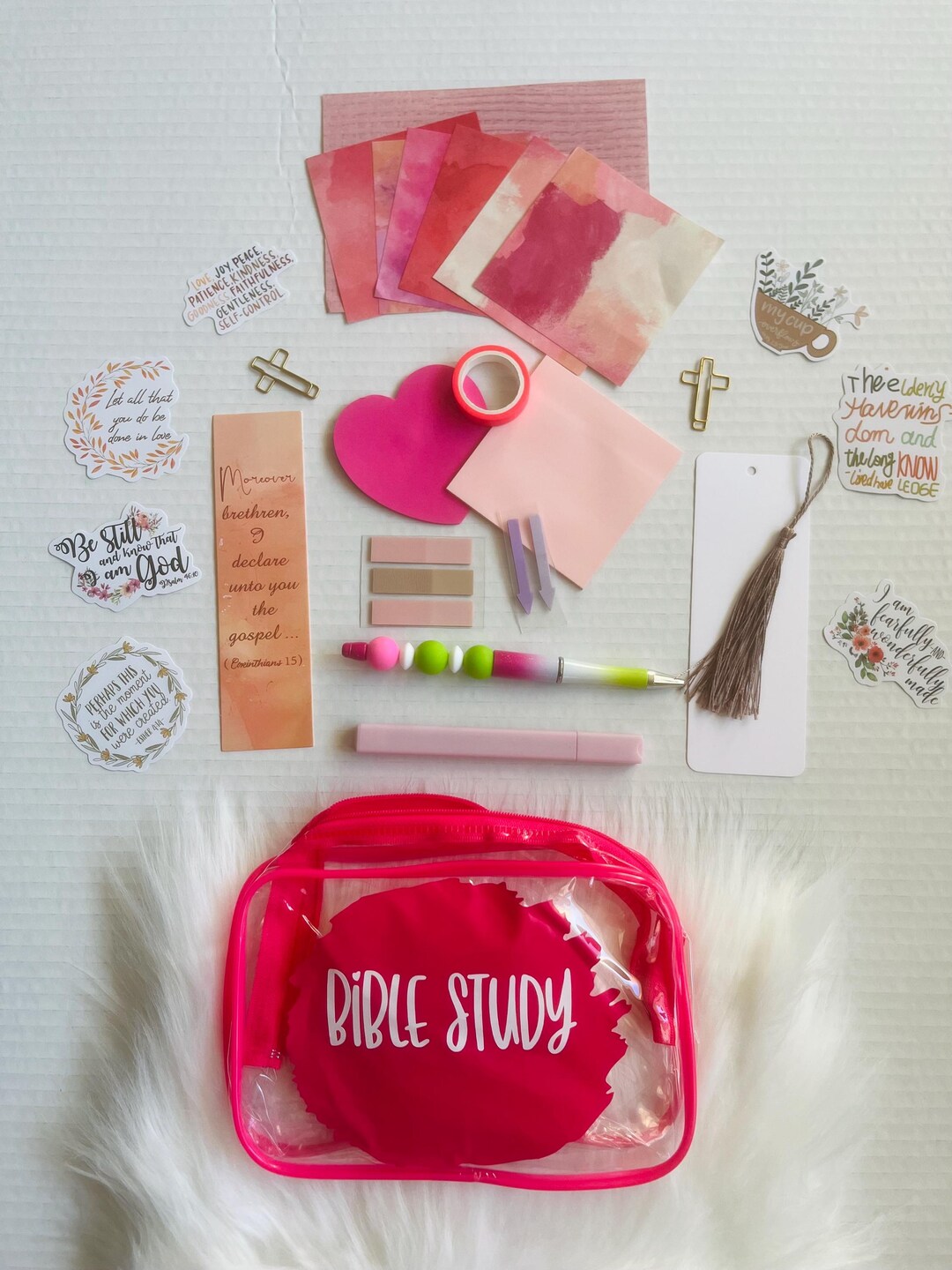 PINK Bible Study Kit Bible Pouch Bag Bookmark Sticker Faith Based Bible ...