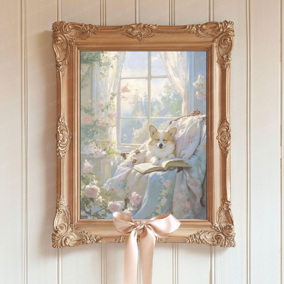 Welsh Corgi Reading Book Wall Art Watercolor Painting, Cute Corgi Puppy ...