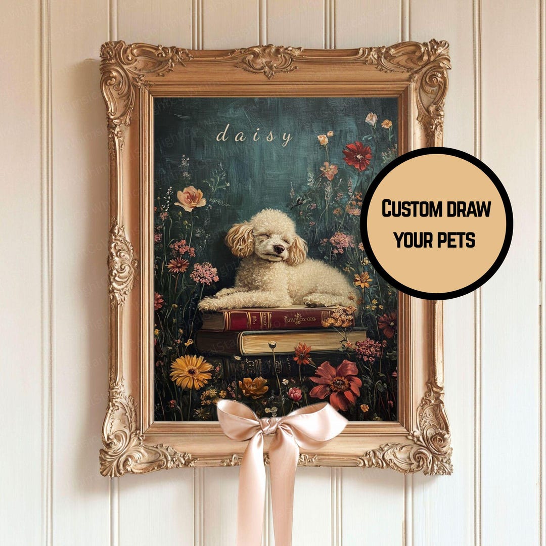 Personalized Sleeping Poodle on Stack of Books Canvas Painting, Dark ...