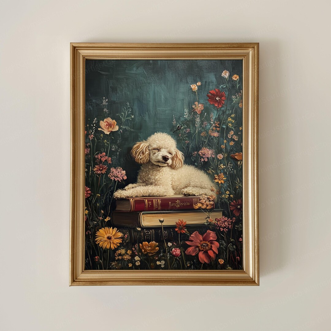 Sleeping Poodle on Stack of Books Canvas Painting Print, Personalized ...