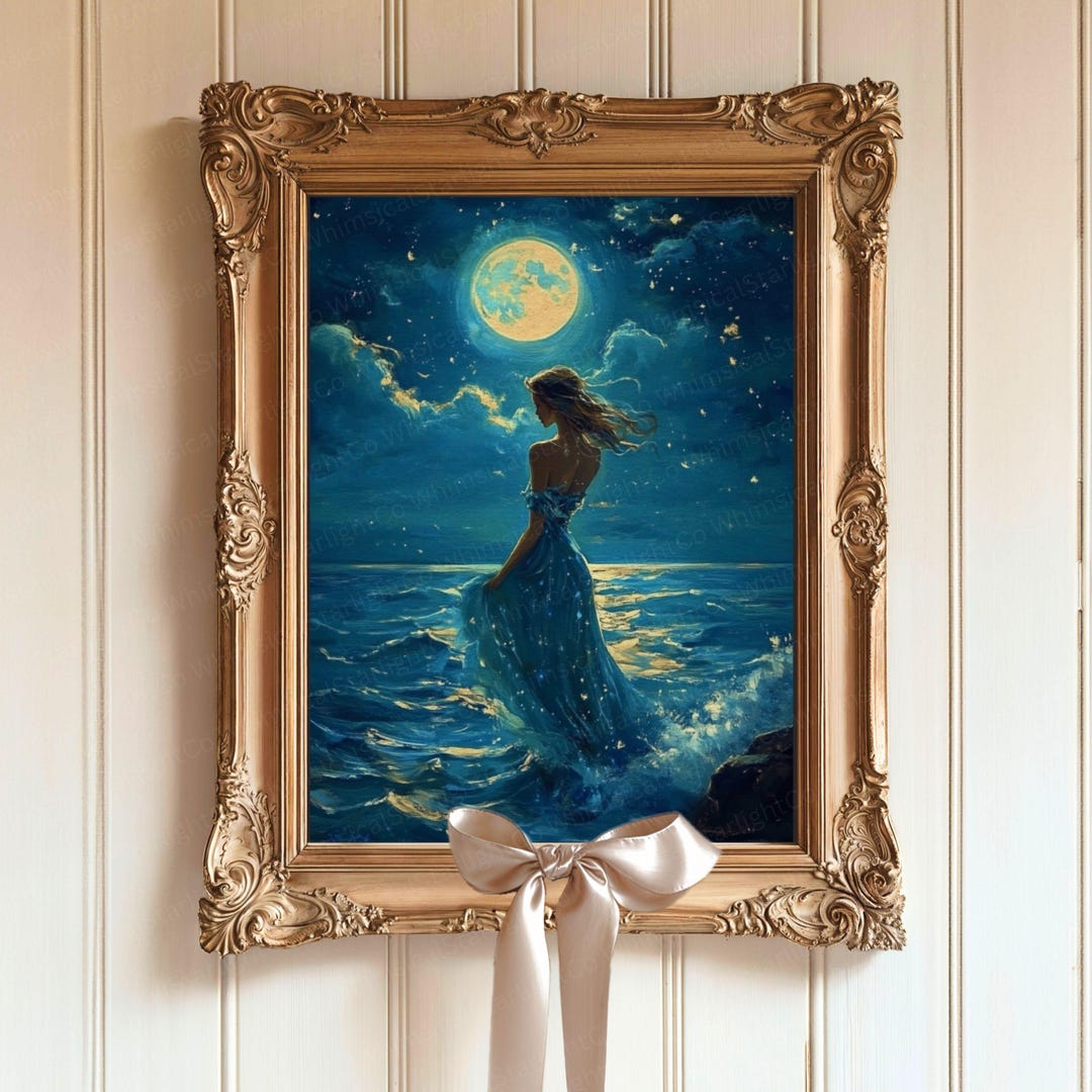 Ocean Goddess Under the Moonlight Wall Art Painting – Woman With Blue ...