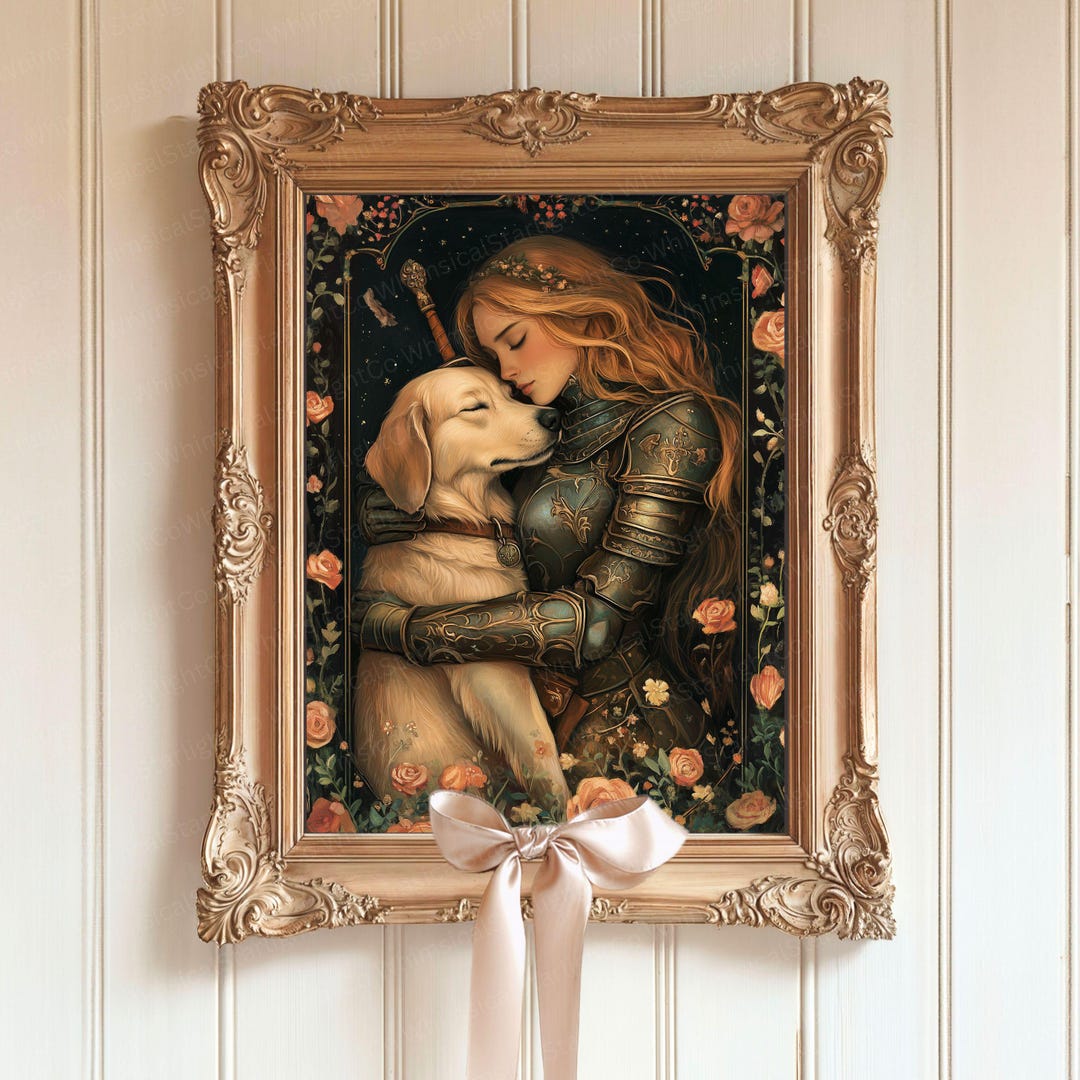 Female Medieval Knight Hugging Golden Retriever Painting - Floral Dark ...