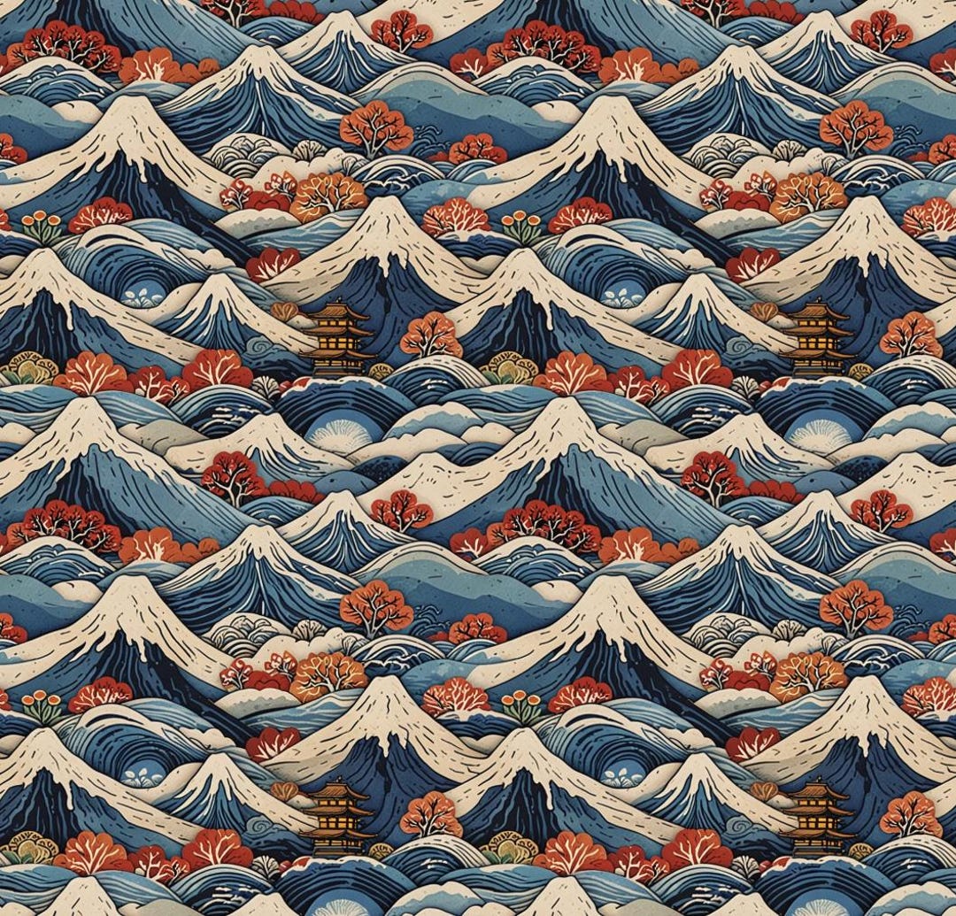 Japanese Mountain Seamless Pattern Digital Pagoda Landscape Wave ...
