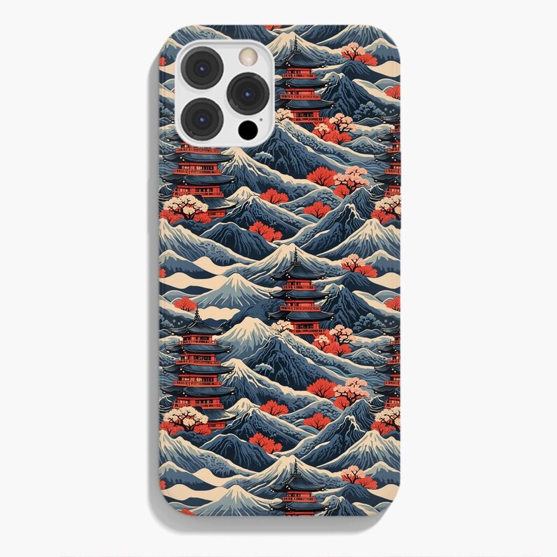 Japanese Seamless Pattern Pagoda Mountain Sakura Digital Paper Oriental ...