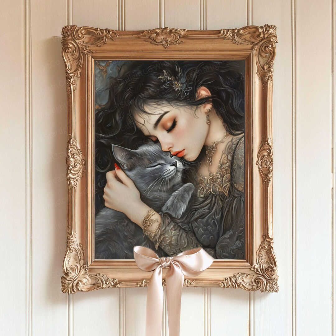Victorian Goth Woman Hugging Russian Blue Cat Wall Art Painting Vintage ...