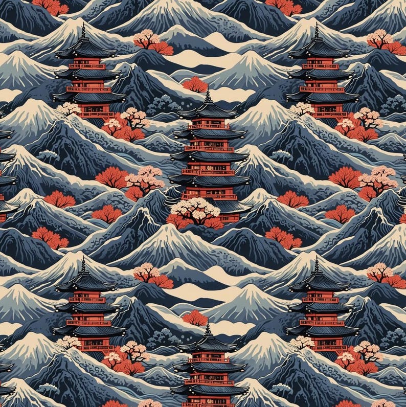 Japanese Seamless Pattern Pagoda Mountain Sakura Digital Paper Oriental ...