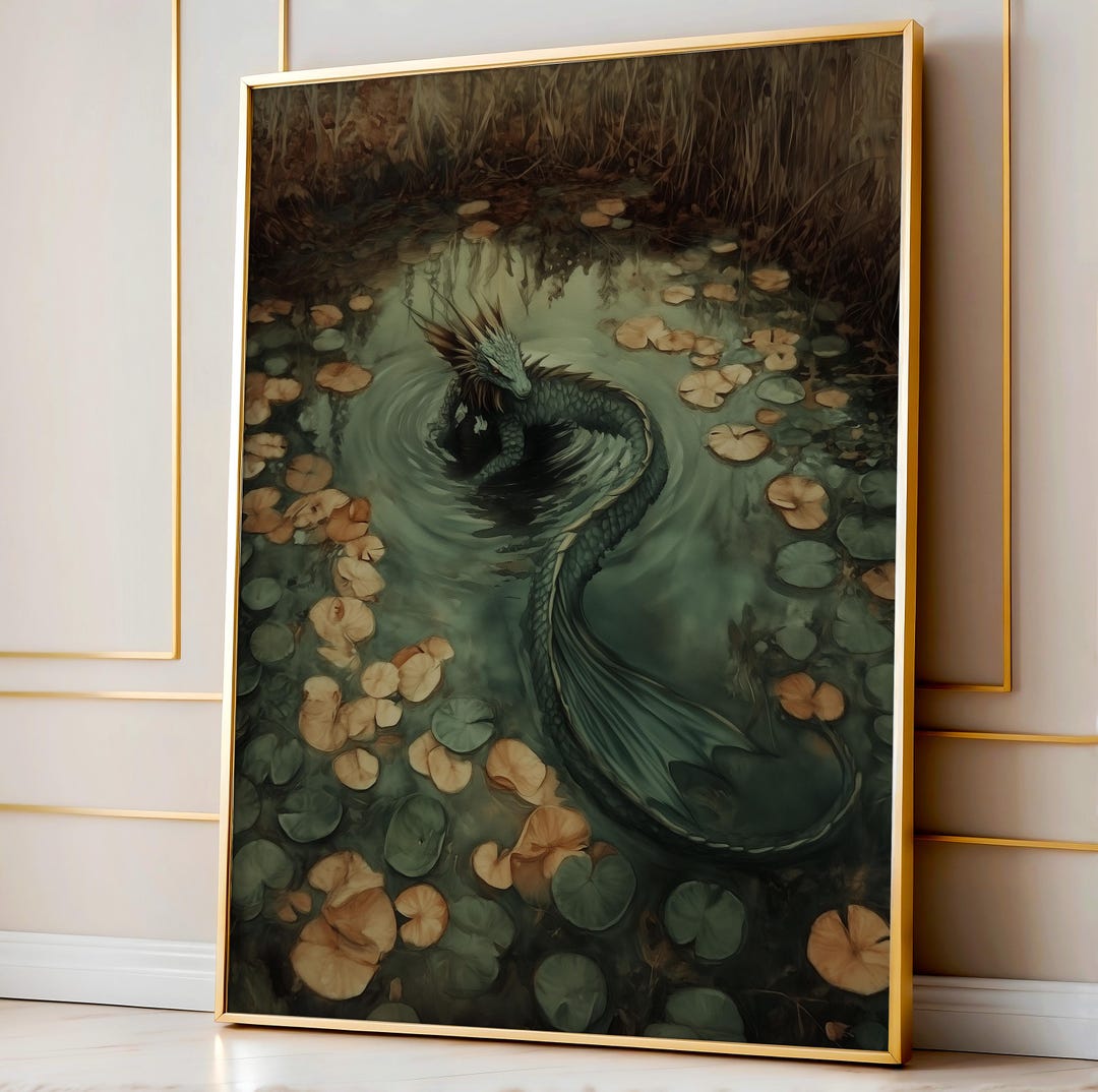 Water Dragon in Lily Pond Wall Art, Mythical Fantasy Swamp Creature ...