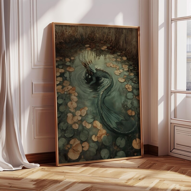Water Dragon in Lily Pond Wall Art, Mythical Fantasy Swamp Creature ...