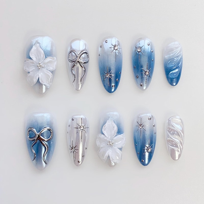 White Bow and Flower Nails - Etsy