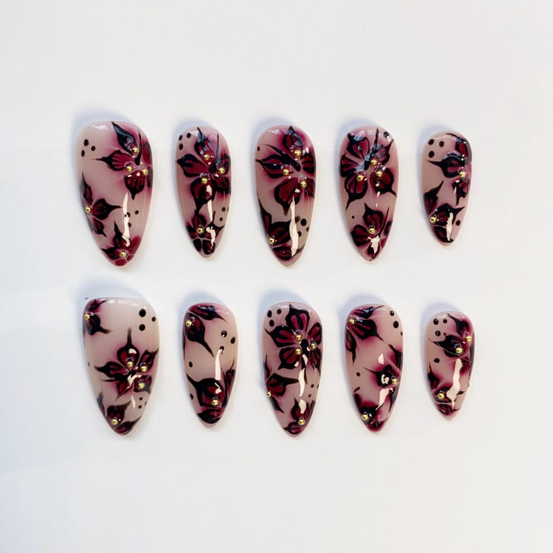 Blooming Burgundy Flower Press on Nails Long Almond Nails/red Nails ...