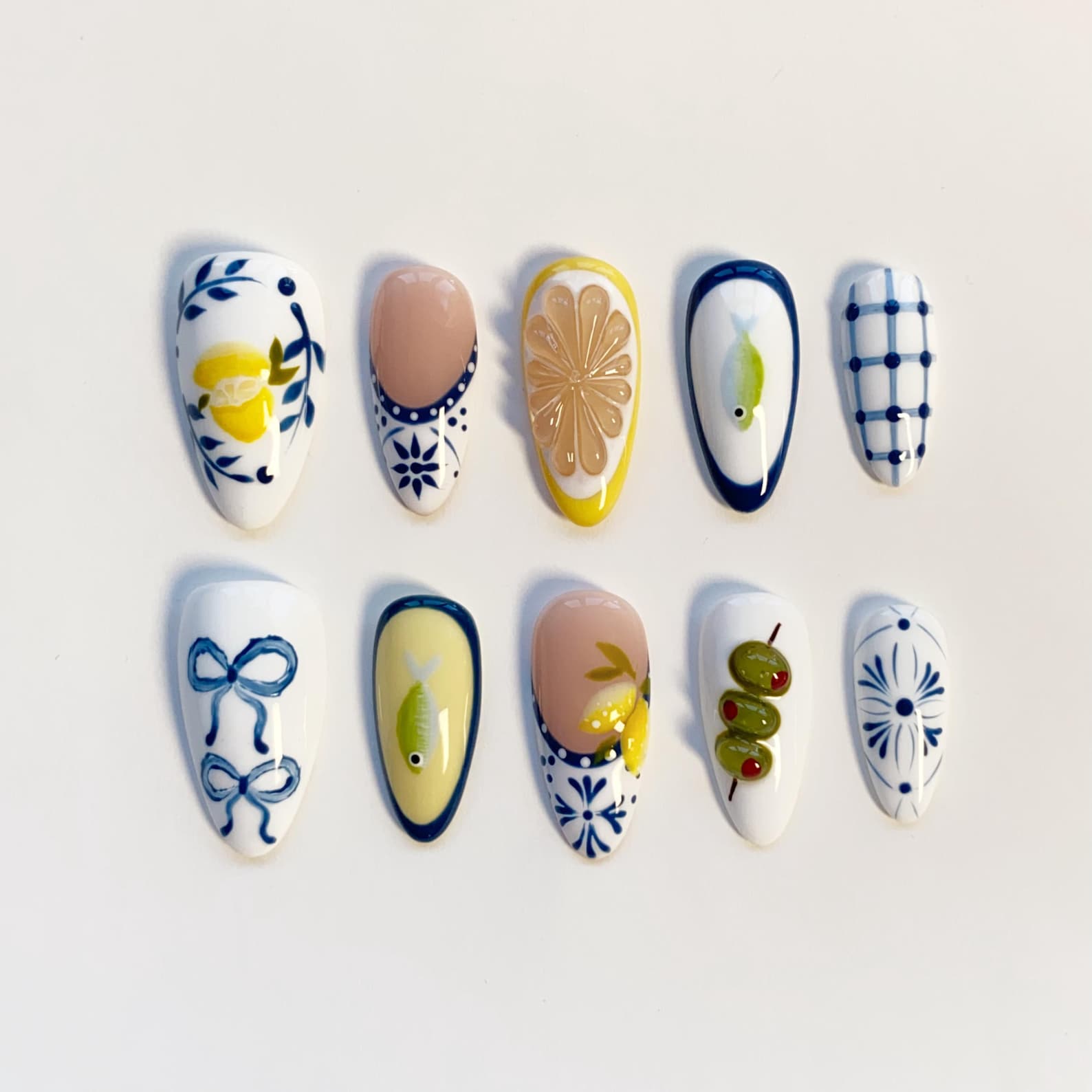 Talavera Nails/blue & White Patterns Nails/3d Martini Olives Press on ...
