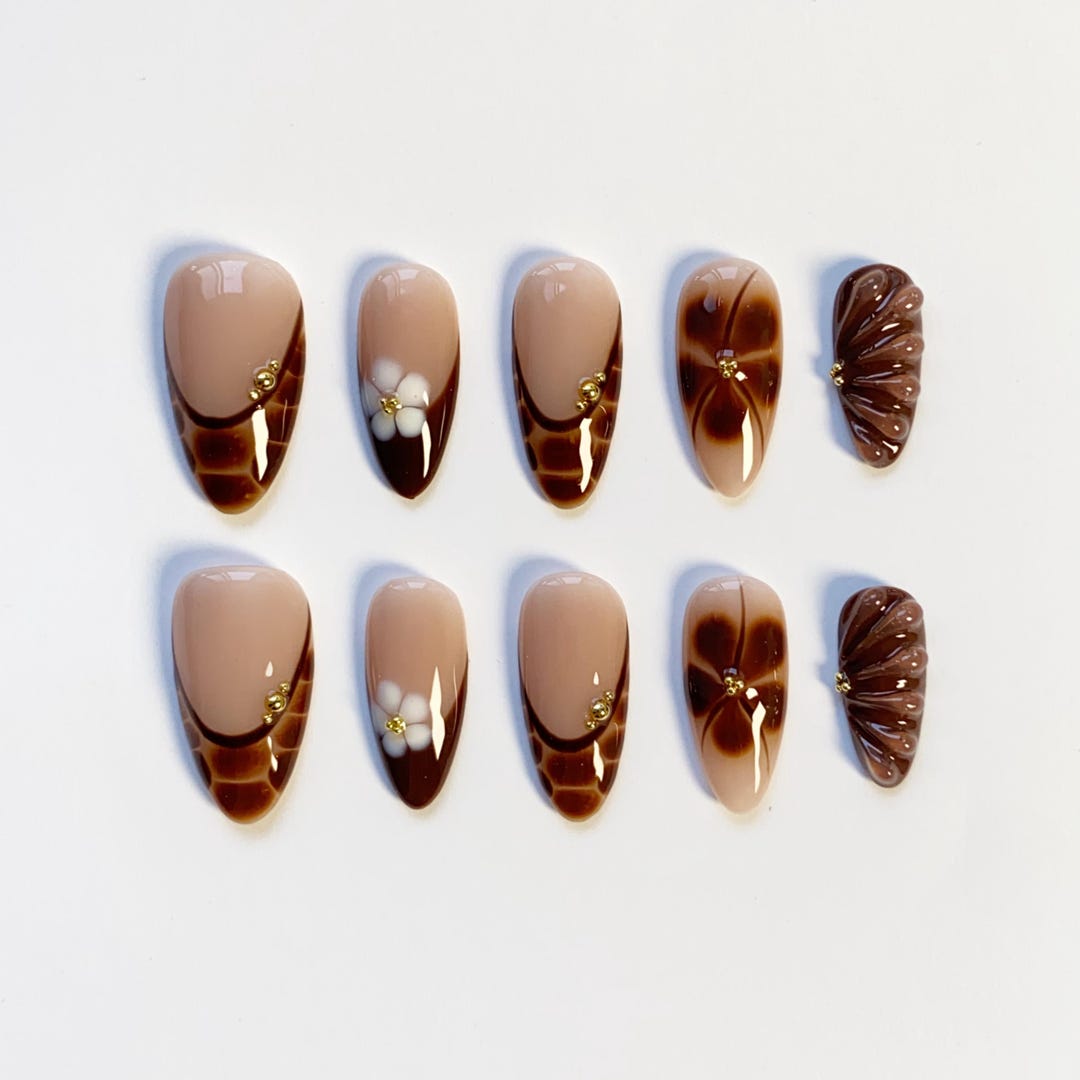 Fall Nails/tortoise Shell Nails/bloom Floral Nails/brown Nails/french ...