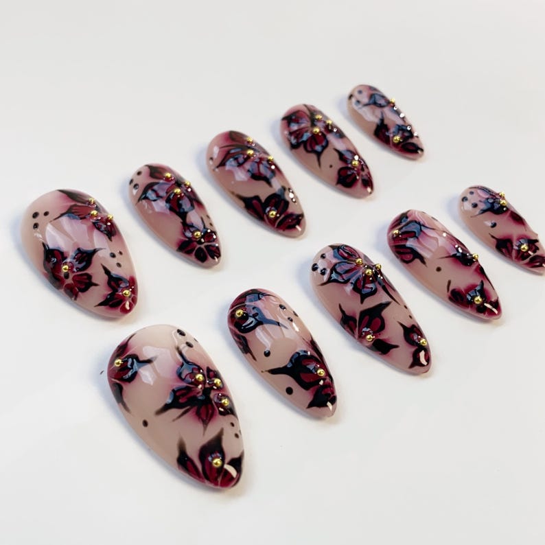 Blooming Burgundy Flower Press on Nails Long Almond Nails/red Nails ...
