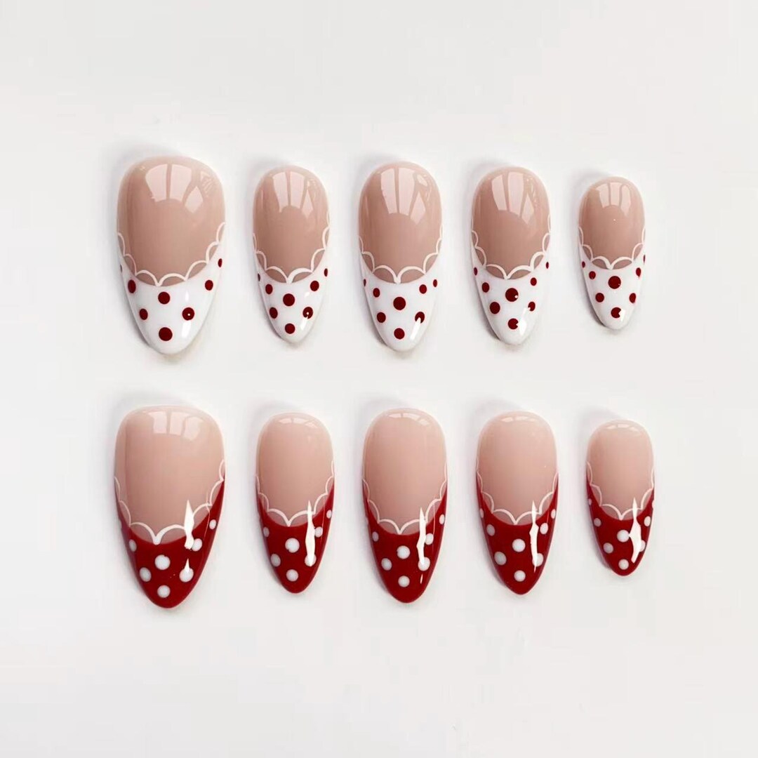 Red White Polka Dot Nails/press on Nails Long Almond Nails/cute Nails ...