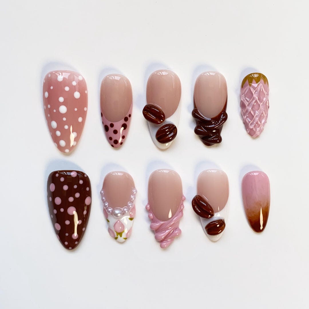 Strawberry Latte Press on Nails, Pink Almond Coffee Bean Nail Art - Etsy