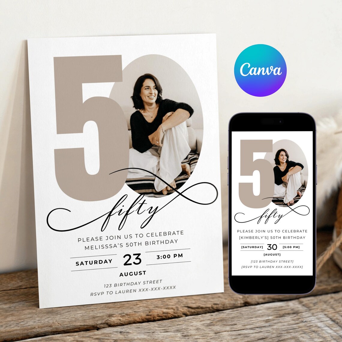 50th Birthday Invitation, Photo, Customizable Canva Template (digital ...
