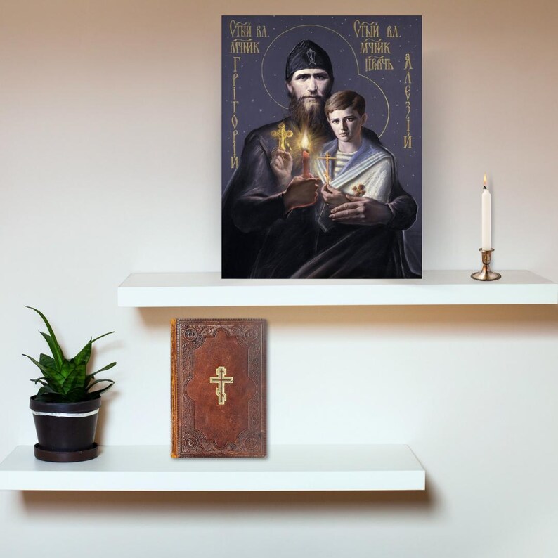 Ícone incomum de São Gregório Rasputin e São Alexei Romanov, imagem ...