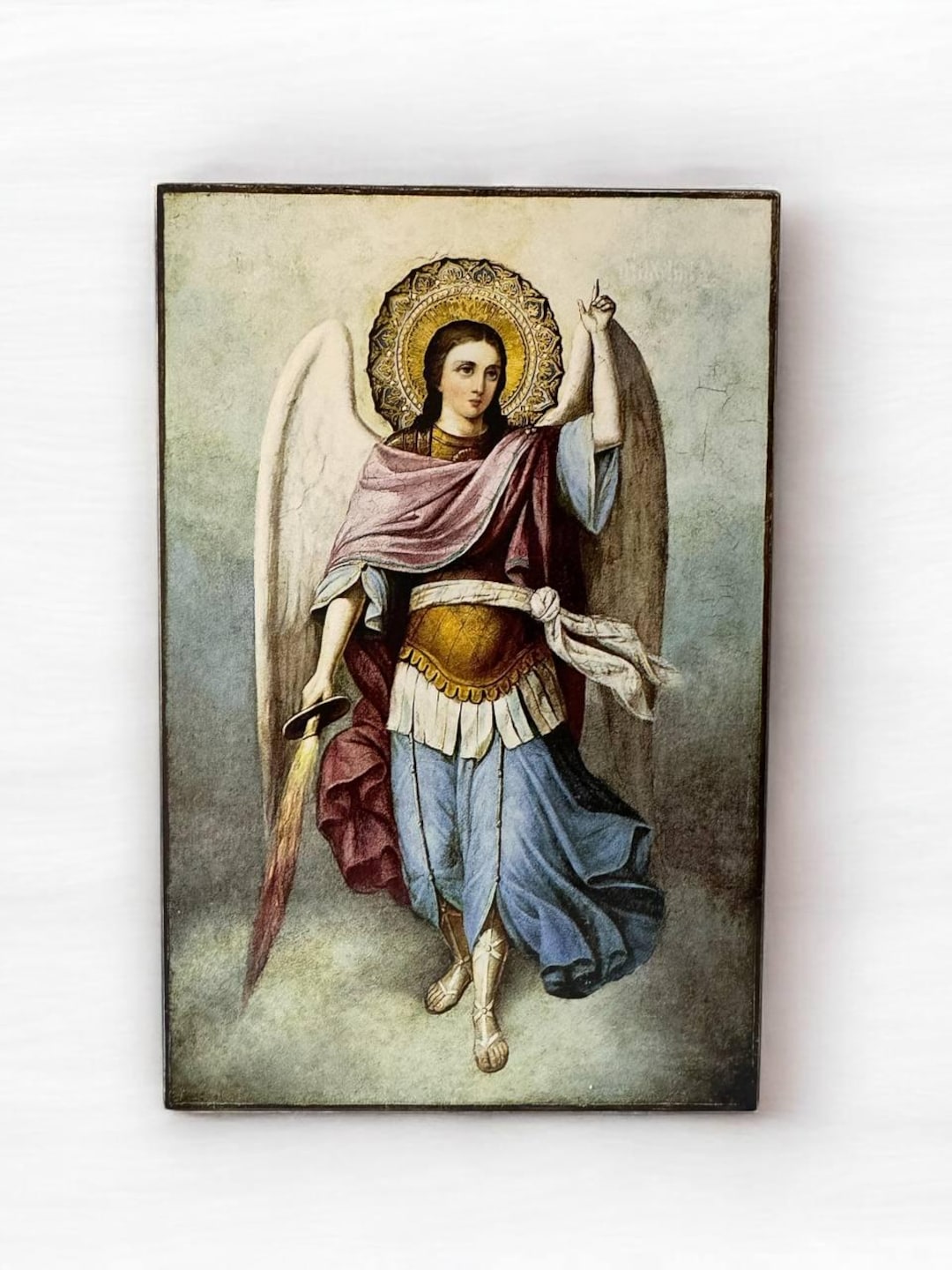 Vintage St Michael Archangel Icon - Fiery Sword Orthodox Art on Wood ...